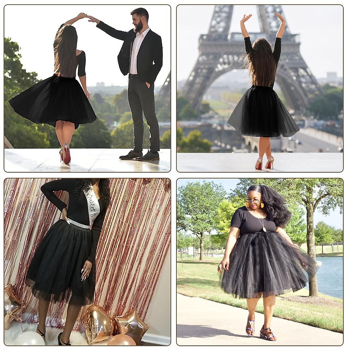 WEISIPU Women's 6 Layer Short A Line Elastic Waistband Tutu Tulle Prom Princess Midi Dance Skirt Black M