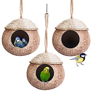 Suzile 3 Pcs Natural Coconut Bird Hide Nest Hut for Cage with Woven Straw Bird Parakeet Coconut Fiber Hanging Birdhouse Cage Habitats Decor for Parrot Cockatiel Lovebird Finch Squirrel Hamster