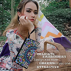 3 Pcs Women Vintage Embroidery Ethnic Handmade Backpack Flower Crossbody Bag Purse Travel Shoulder Bag(Purple Rose)