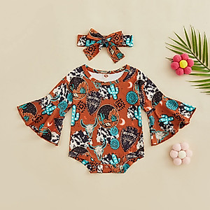 Newborn Baby Girl Romper Flare Long Sleeve Floral Cow Print Bodysuit Jumpsuit with Headband Cute Fall Winter Clothes (Brown, 6-12 Months)