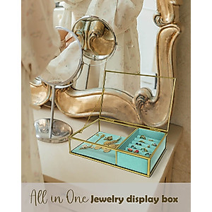 Ylu Yni Glass Jewelry Organizer Box Clear Keepsake Case with Gold Frame with Velvet Trinket Tray, Display Box for Earring Ring, Necklace, Accessories.