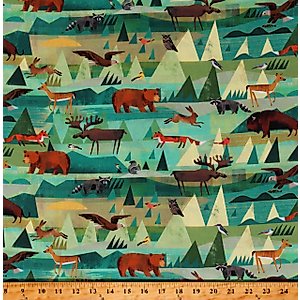 windham fabrics Cotton Wild North Lake Mountains Trees Animals Deer Moose Fox Bears Eagles Green Cotton Fabric Print by The Yard (53934D-2)