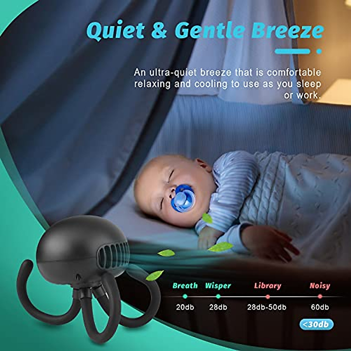 Stroller Fan Portable Bladeless Fan ​Mini Handheld Fan with Flexible Tripod Clip on Stroller Fan 3 Speeds Rechargeable Battery Operated Fan for Stroller, car Seat, Crib, Bike and Desktop (black)