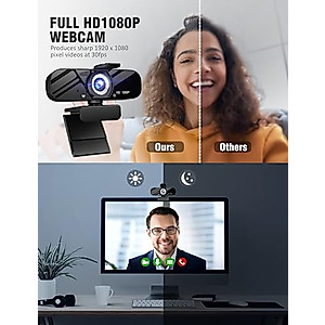 Full HD Webcam with Built-in Microphone and Rotatable Tripod, 1080P Video and Wide Angle Camera, Privacy Cover, for Desktop PC or Laptop Computer (Webcam with USB Cable)