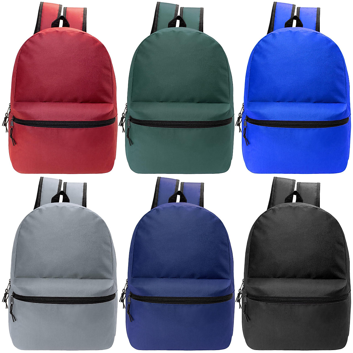 Moda West Wholesale Classic 15 Inch Basic Backpack in 12 Assorted Colors - Bulk Case of 24 Bookbags