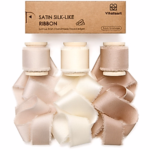 Vitalizart Silk Satin Ribbon 1 Inch x 15 Yard Wooden Spool Champagne & Nude Handmade Frayed Ribbon for Gift Wrapping Baby Shower Wedding Bridal Bouquets Holiday Decor Light Brown