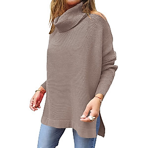 ANRABESS Women's Oversized Turtleneck Batwing Sleeve Spilt Casual Loose Knit Tunic Pullover Sweater Tops 2025 Fall Outfits Brown Small