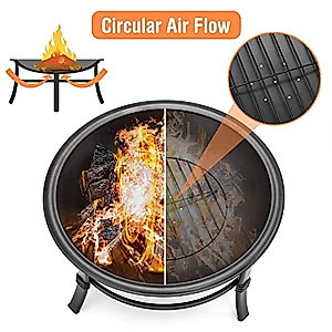 26'' Fire Pit Wood Burning fire Pit Outdoor Fire Pits Steel BBQ Grill Firepit Bowl with Mesh Spark Screen Cover Log Grate Wood Fire Poker for Camping Picnic Garden Backyard Bonfire Patio Beaches