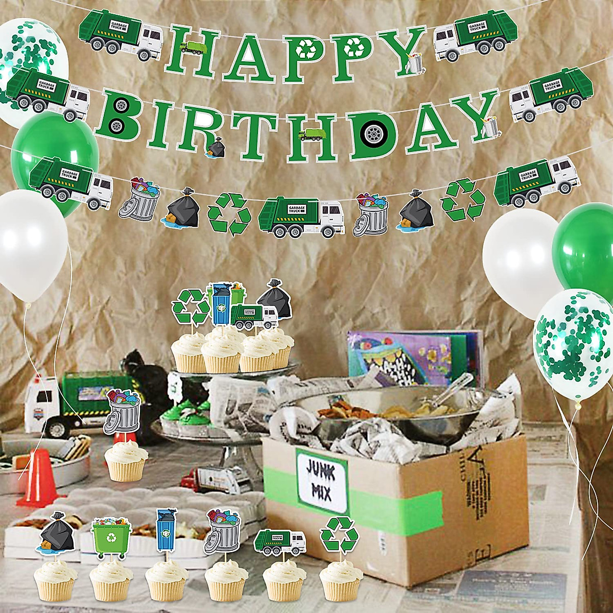 KEFAN Trash Truck Party Decorations, Garbage Truck Birthday Party Supplies with Happy Birthday Banner, latex Balloons, cupcake Toppers, for Kids Waste Management Recycling Birthday Party Decor