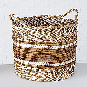 Rustic Stripes Wicker Baskets. 4 Piece Set, Washed and Rolled Banana Leaf, White Twine, Loop Carry Handles, Bucket Bottoms, 18, 15.75, 14.25, 12.5 Inches Diamet