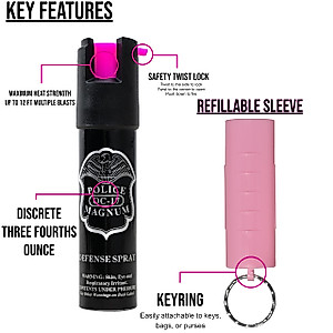 Police Magnum Pepper Spray Self Defense- Mini Pocket Safety Tool- Strong Keyring Holder- Made in The USA- 1 Pack 3/4oz Twist Lock Pink Sleeve Keyring