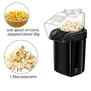 Hot Air Popcorn Popcorn Maker, Electric Popcorn Maker with Measuring Spoon Free Small Popcorn Maker No Oil Fast Air Popped Popcorn Maker for Watching Party Movies & Football Match (Black)