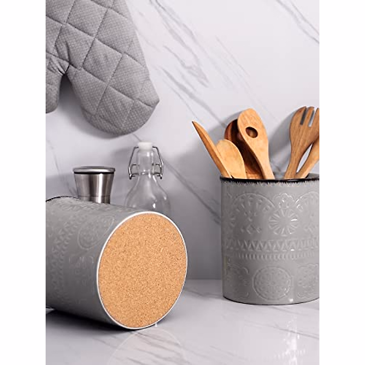 DOWAN Utensil Holder, 7.2" Extra Large Kitchen Utensil Crock for Countertop, Farmhouse Ceramic Utensil Organizer, Anti Slip & Scratch Cork Bottom, Grey Utensil Storage for Home Décor Gifts