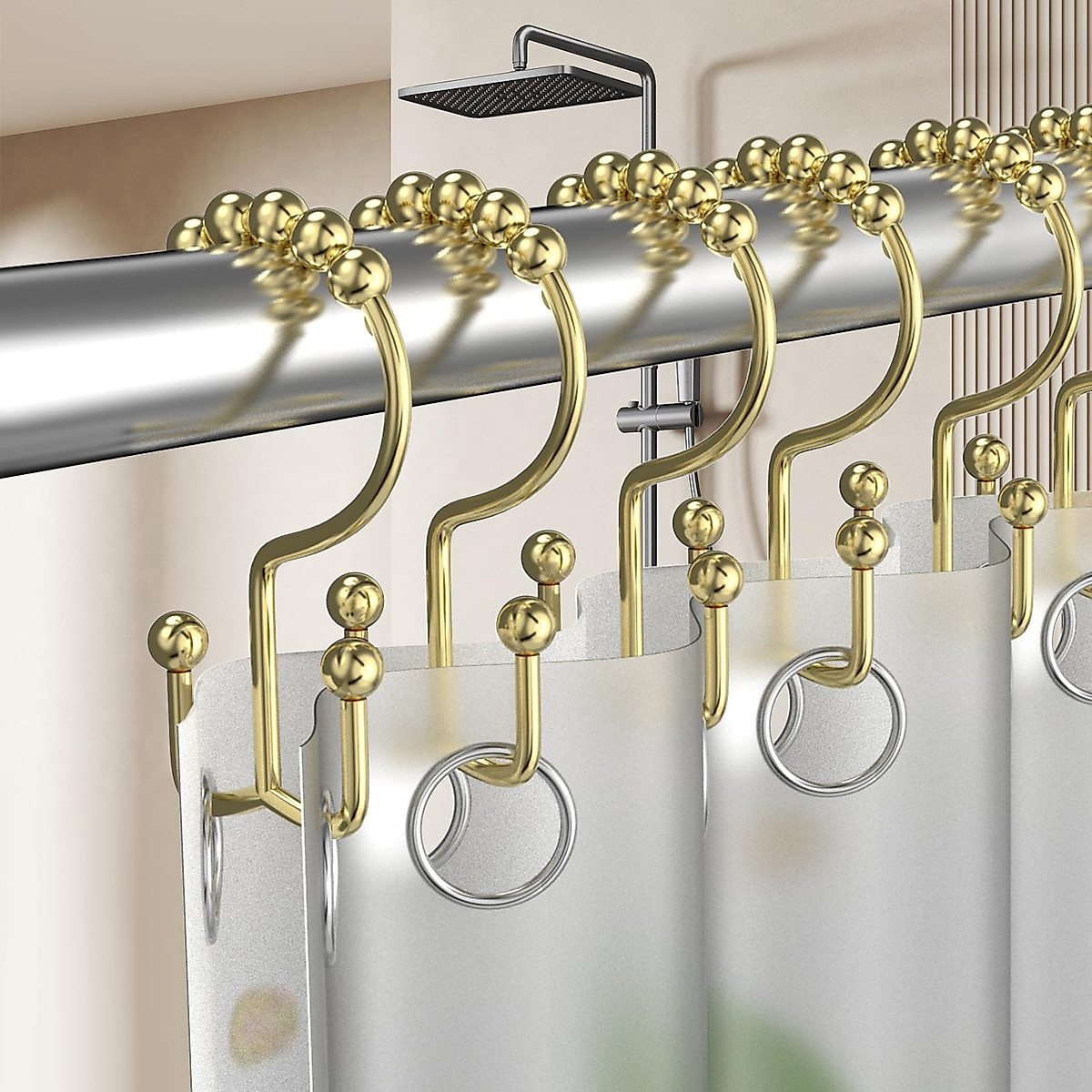 BATHDESIGN Shower Curtain Hooks Rings, Rust Proof Stainless Steel Shower Curtain Hooks Double Sided for Bathroom Shower Rods Curtains, Set of 12, Gold