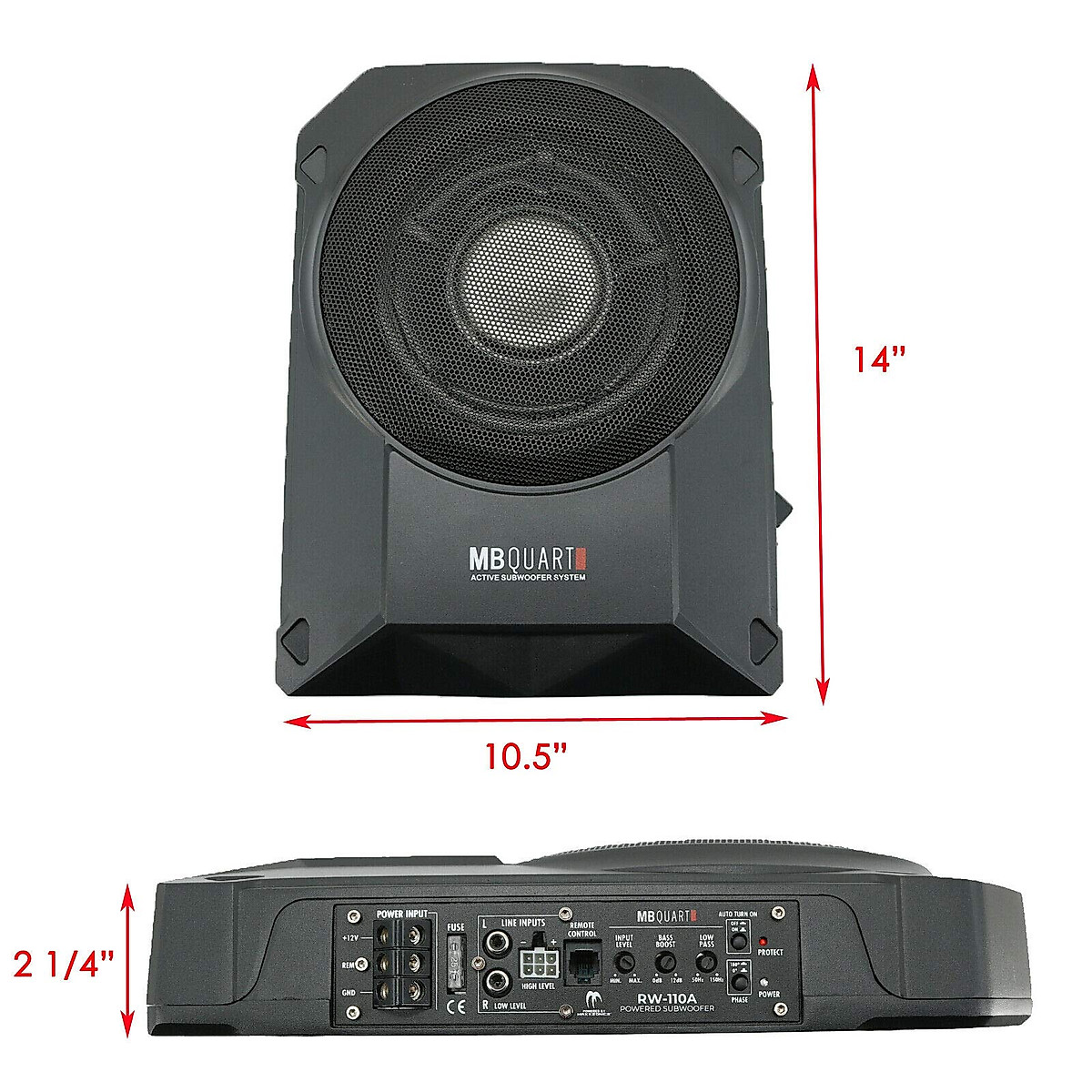 MB Quart RW-110A 800W Reference Series 10'' Slim Low Profile Compact Under-Seat 4-Ohm Active Powered Subwoofer Enclosure with Built in Amplifier for Car RV ATV - 3rd Gen, Black