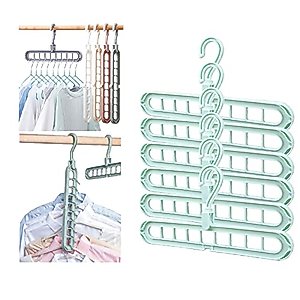 Space Saving Hangers,9 Holes Plastic Collapsible Multifunctional Closet Organizer and Storage for Heavy Clothes,College Dorm Room Essentials Pack of 6 Green