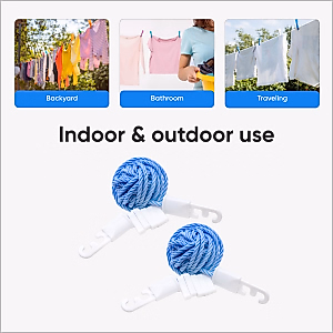 Clothes Line 19.7 Ft - Indoors & Outdoors Clothesline - Portable Laundry Line for Hanging Clothes - Windproof Rope with Hooks