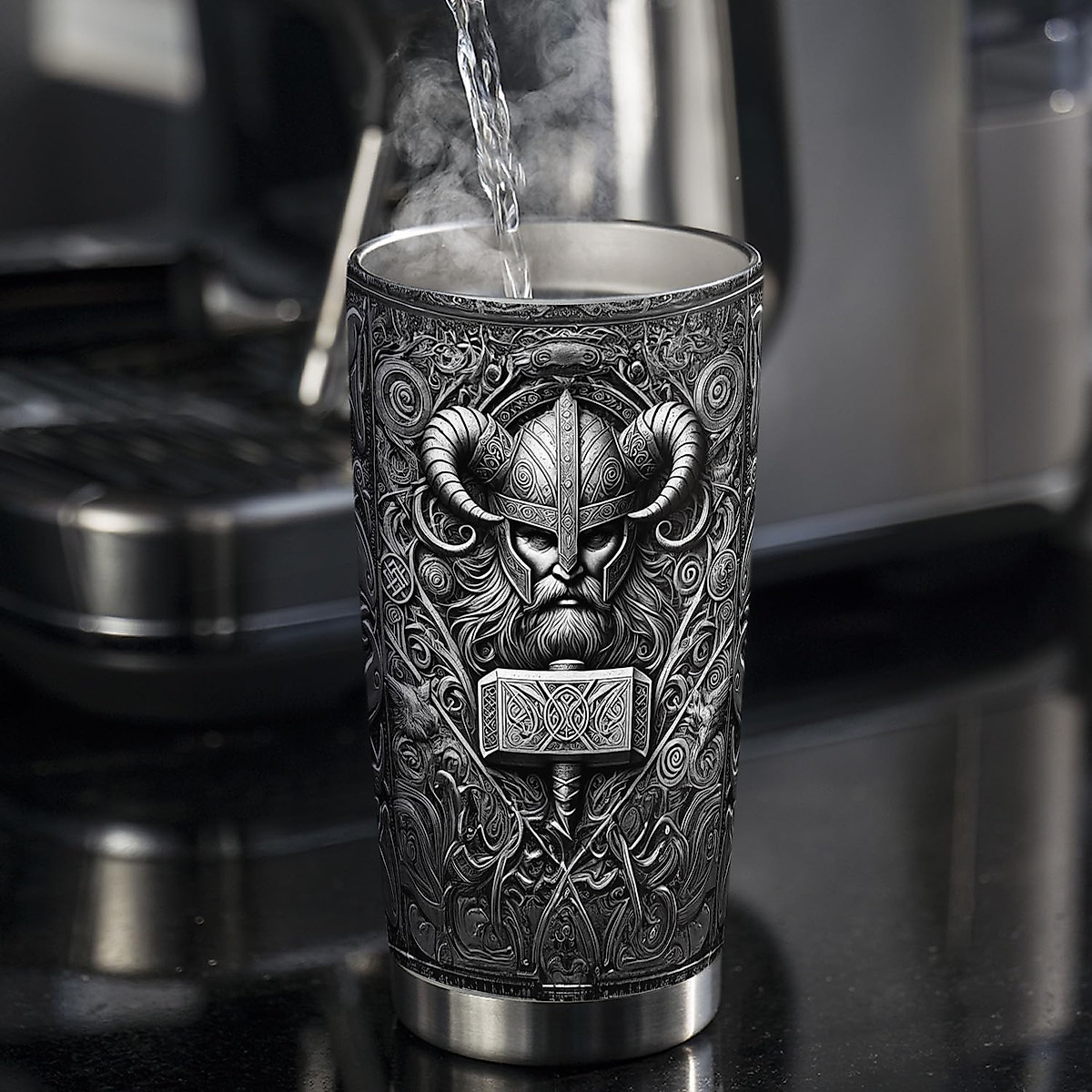 20oz American Viking Tumbler, Viking Gifts for Men, Norse Mythology Gifts, Coffee Thermos for Men, Stainless Steel Double Wall Vacuum Insulated Coffee Mug, Travel Cup with Lid