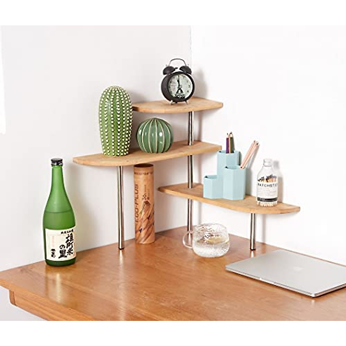 HYNAWIN 3-Tier Bamboo Corner Shelf-Kitchen Bathroom Office Countertop Storage Organizer, Standing Shelving Unit,Spice Rack Desk Bookshelf Display Shelves Space Saving-Creative Adjustable Rack