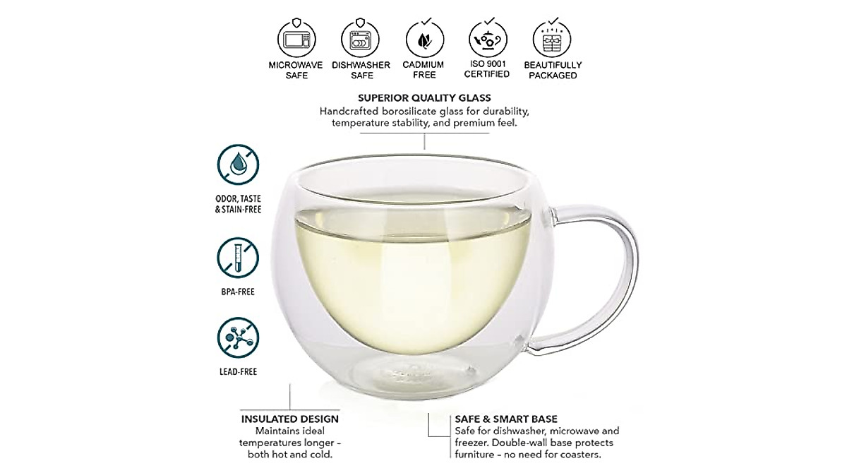 Teabloom 6oz Double Wall Glass Cups – Insulated Tea & Espresso