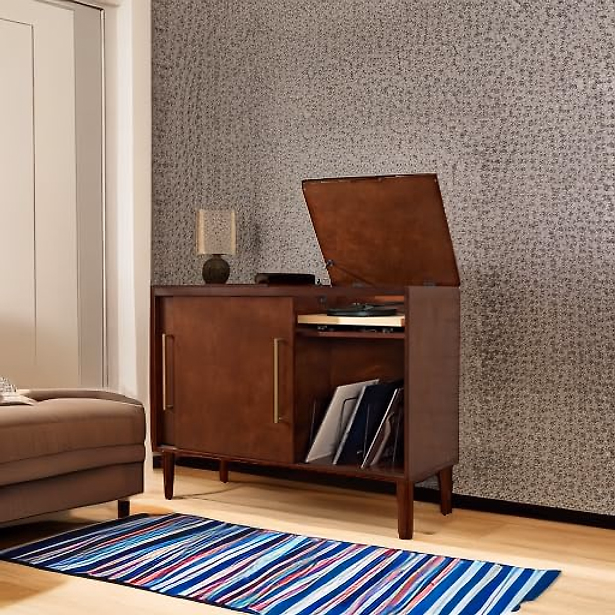 Crosley Furniture Everett Media Console and Record Player Stand with Storage for Vinyl Records, Mahogany