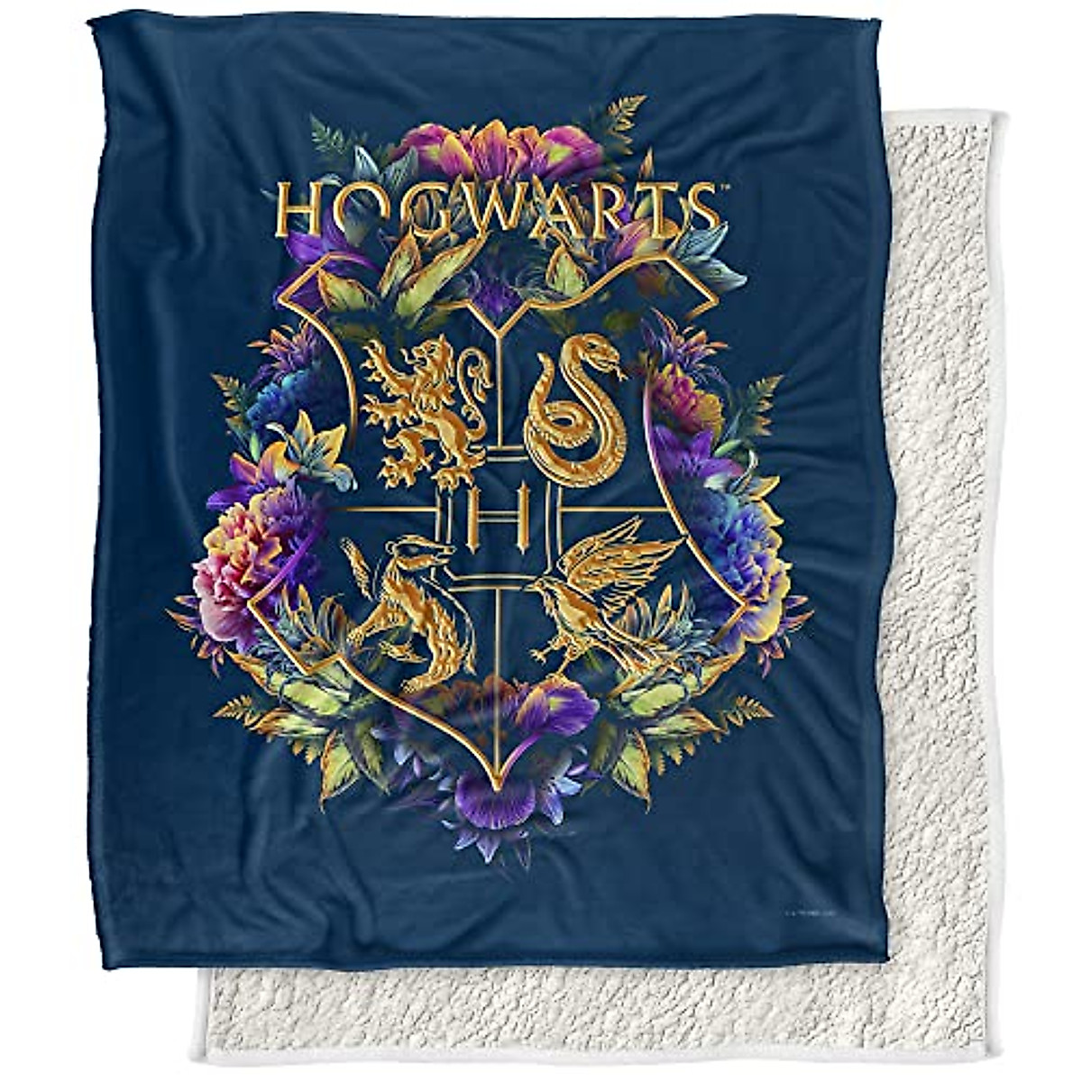 Harry Potter Blanket, 50"x60", Hogwarts Multi-Colored Floral Crest Silky Touch Sherpa Back Super Soft Throw Blanket