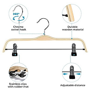 J.S. Hanger Natural Finish Wooden Pant Hangers with Anti-rust Hook and 2-Adjustable Clips, 5-Pack