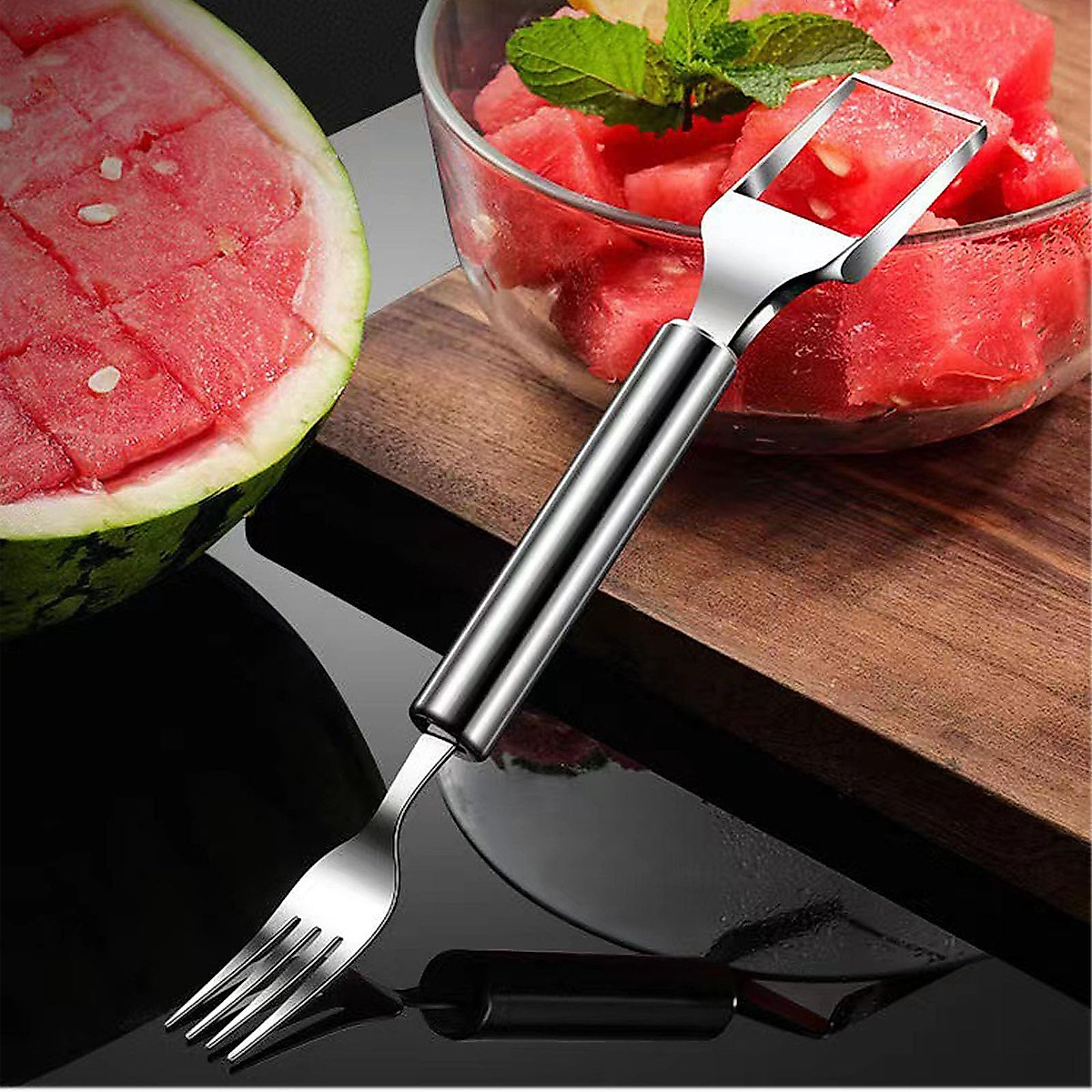 XINGJIEYUN New Watermelon Fork Slicer Tool, Summer Double Head Fruit Fork Slicer, 2-in-1 Stainless Steel Fruit Slicer, Suitable for Family gatherings, Camping Parties (3 pieces)