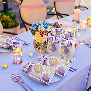 Pasimy 50 Pcs Purple Rose Gift Bags Purple Drawstring Bags Flower Candy Bags Gold Purple Plastic Treat Bags Purple Flower Favor Bags for Women Girl Birthday Party Supplies