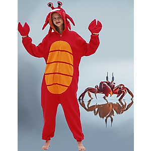 Crab Onesie Adult Red Crab Pajamas Animal Pajamas Halloween Cosplay Costume Polar Fleece Sleepwear Homewear