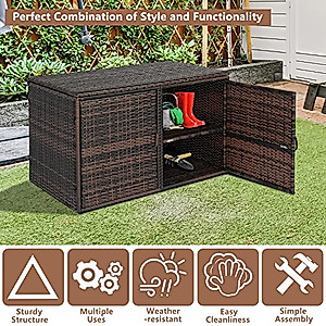 Outvita Outdoor Storage Box, 88GAL Waterprrof Rattan Patio Deck Storage Container with Double Doors and Flip Cover for Backyard, Balcony, Poolside, Garden Brown