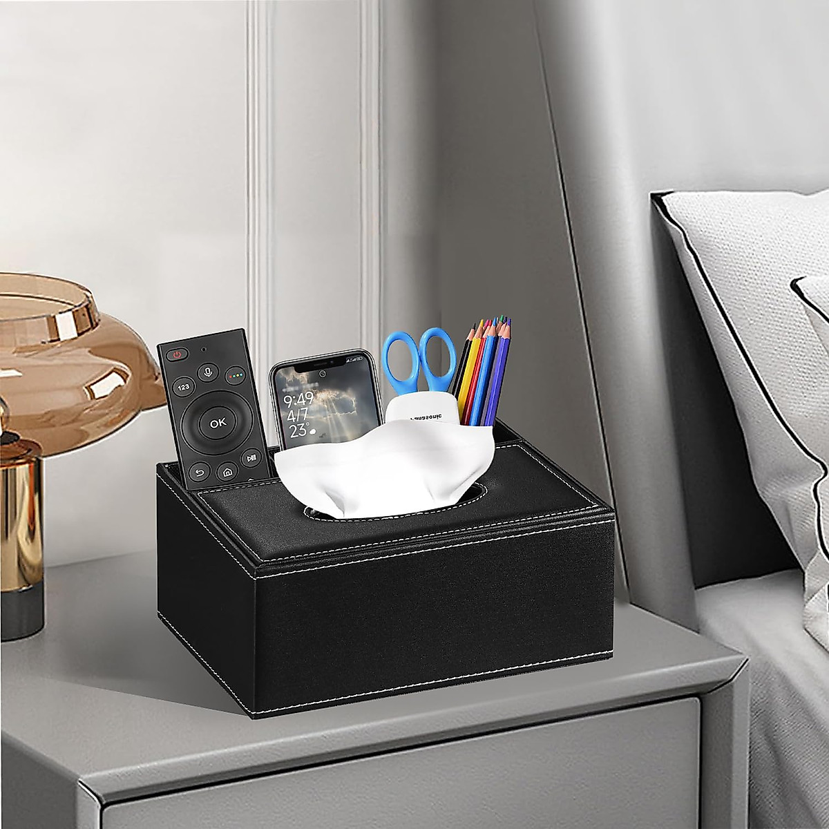 Tissue Box Cover Rectangular,Compatible with Kleenex Box Covers,Multifunctional Facial Tissue Box Holder with Remote Control Holder,Decorative Nighstand Organizer,Tissue Dispenser for Bathroom