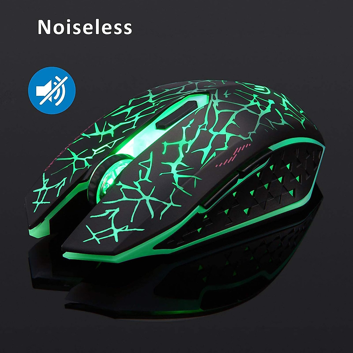 TENMOS K6 Wireless Gaming Mouse, Rechargeable Silent LED Optical Computer Mice with USB Receiver, 3 Adjustable DPI level and 6 Buttons, Auto Sleeping Compatible Laptop/PC/Notebook (green light)