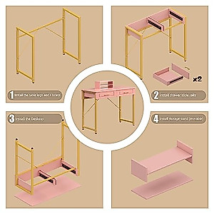 WESTREE Modern Makeup Vanity Desk with Glossy Desktop,Bedroom Home Office Writing Desk with Drawers, Storage Shelf, Gold Metal Frame for Dressing Table Without Mirror