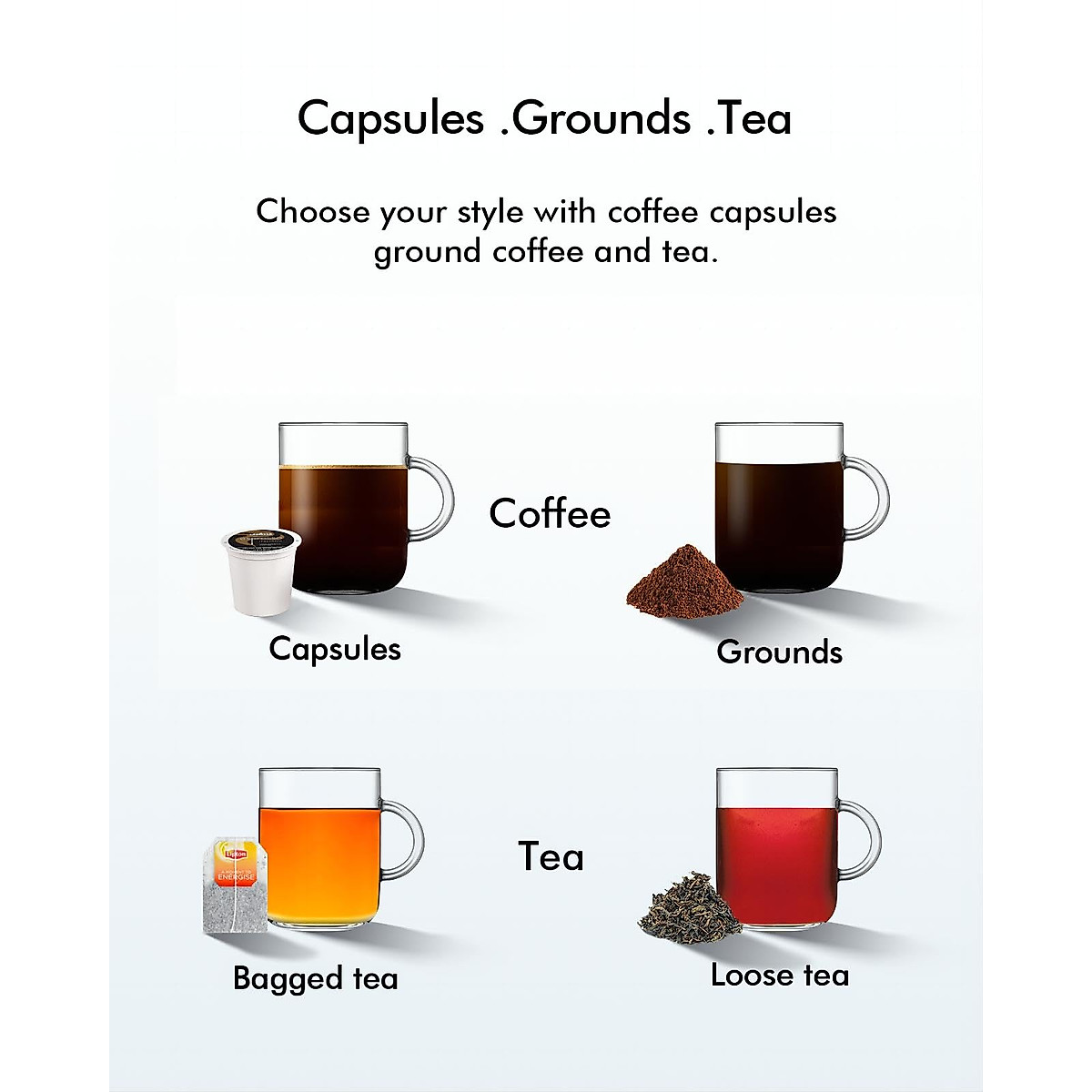 SIFENE Single Serve Coffee Maker, 3-in-1 Quick Brew for Coffee Pods, Ground Coffee, & Loose Tea, 6-12oz Cup Sizes, 50oz Removable Water Tank, 1150W, Compact, Black