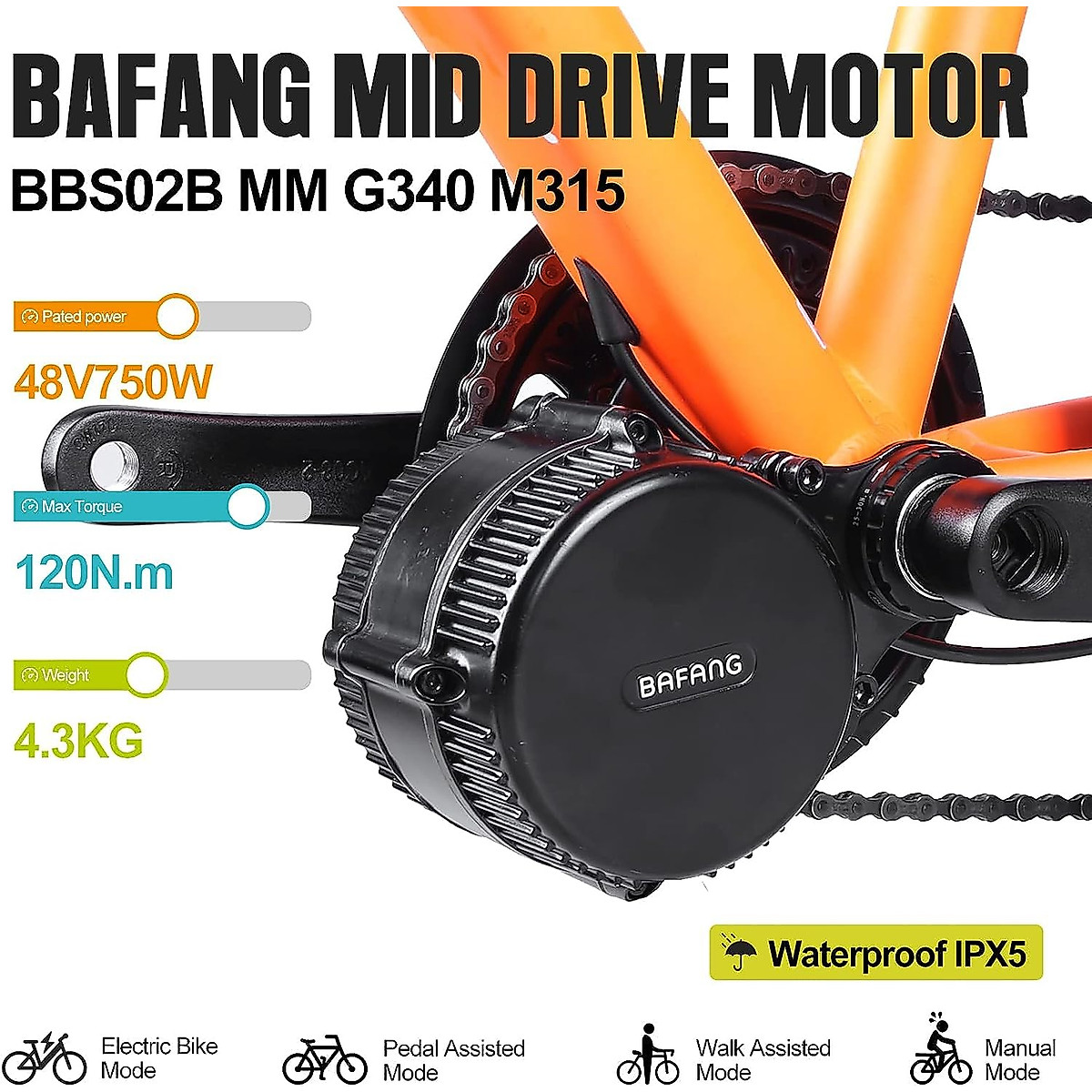 BAFANG BBS02B 48V 750W Mid Drive Electric Bike Motor Ebike Conversion Kit Mid-Mounted Engine for Mountain Bike Road Bicycle with Optional 48V 17.5Ah 18Ah and 48V 20Ah Battery