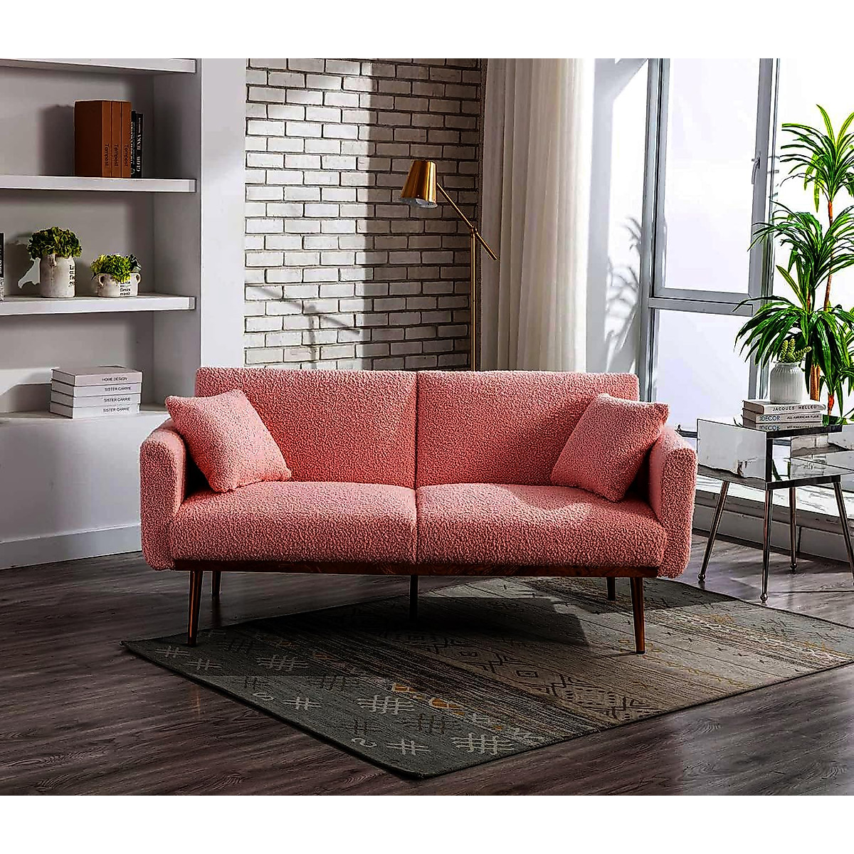 KINFFICT Convertible Upholstered Futon Sofa Bed, Loveseat with 5 Reclining Angles and 3 Pillows, Modern Living Room Sofa Couch, Dark Pink