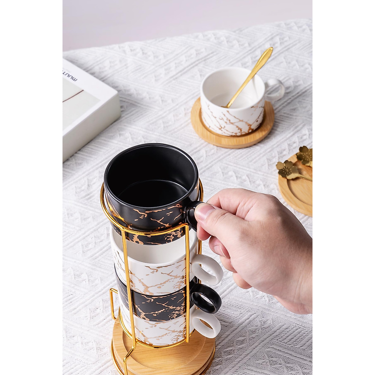 Jusalpha Golden Hand Print Teacup Coffee Cup with Bamboo Saucer Set FDTCS19 (4, Black)