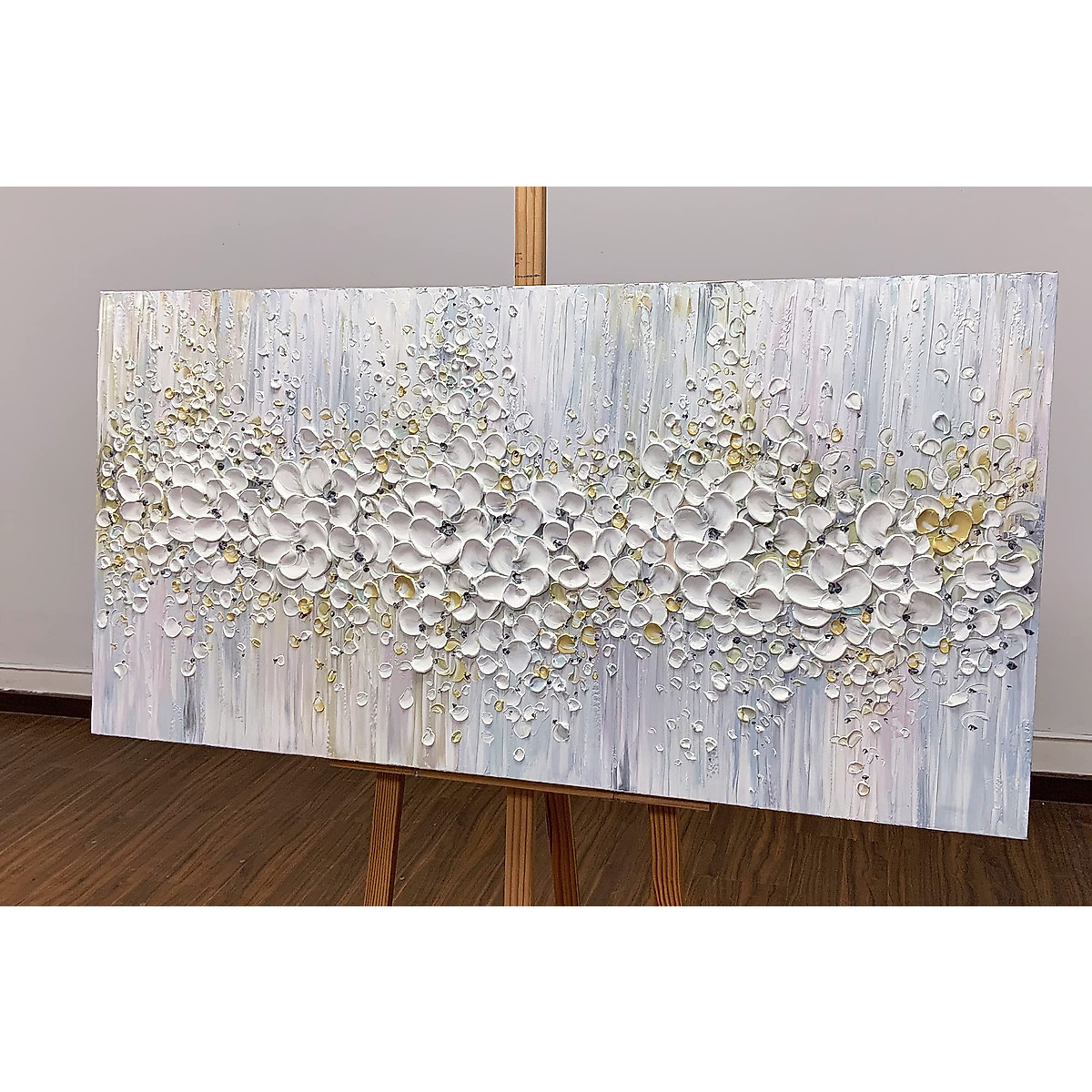 ART8YUQI Paintings - Contemporary Abstract Art Oil Painting On Canvas Texture 3D White Flower painting Handmade Artwork Picture Canvas Wall Art Modern Home Decor living room Ready to Hang 24x48inch
