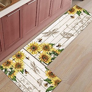 Queener Home Farm Sunflower Dragonfly Butterfly Kitchen Rugs Set of 2, Washable Floor Door Mats Comfort Area Runner Rug Non-Slip Rubber Backing for Indoor Retro Wood Grain