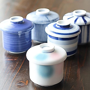 IPPINKA Japanese Porcelain Chawanmushi Cup with Lid, Seto-mono, Made in Japan, 105cc, Blue Tokusa Stripe