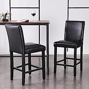 GOTMINSI Set of 2 Classic 24 Inches Counter Height Stools Upholstered Bar Stools with Solid Wood Legs and Black Leather Counter Stool(PU Black)