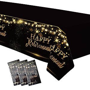 Suhelkit 3 Pack Retirement Decorations Party Supplies Tablecloth - Happy Retirement Decorations Table Cover for Men Women, Gold Black Retirement Party Decorations Table Cloth,54in x 108in