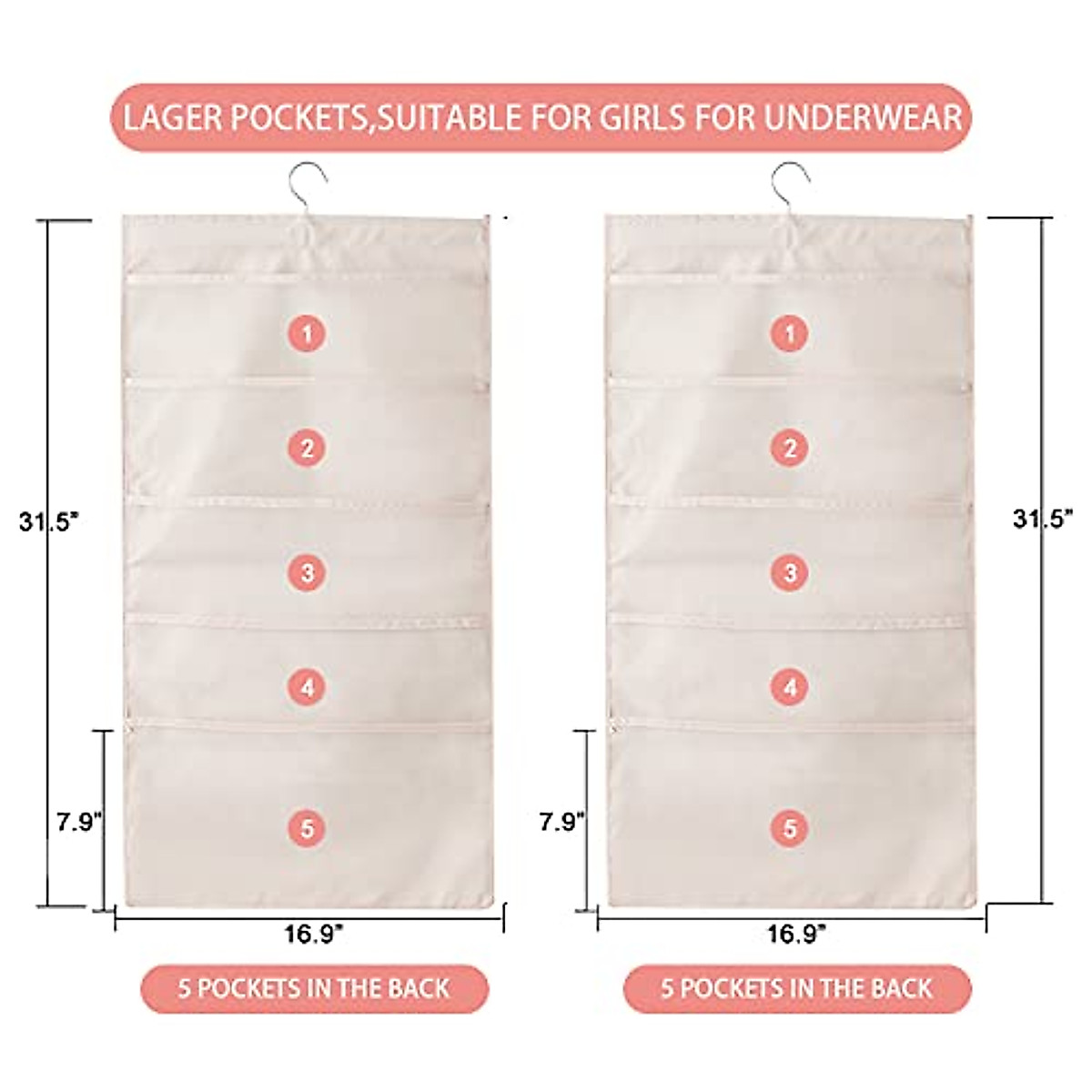 Enlarged Closet Hanging Bra Organizer with Rotating Metal Hanger, Extra-Large Dual Sided Wall Shelf Wardrobe Mesh Pockets Hanging Storage Bag for Bra Socks Underwear Underpants