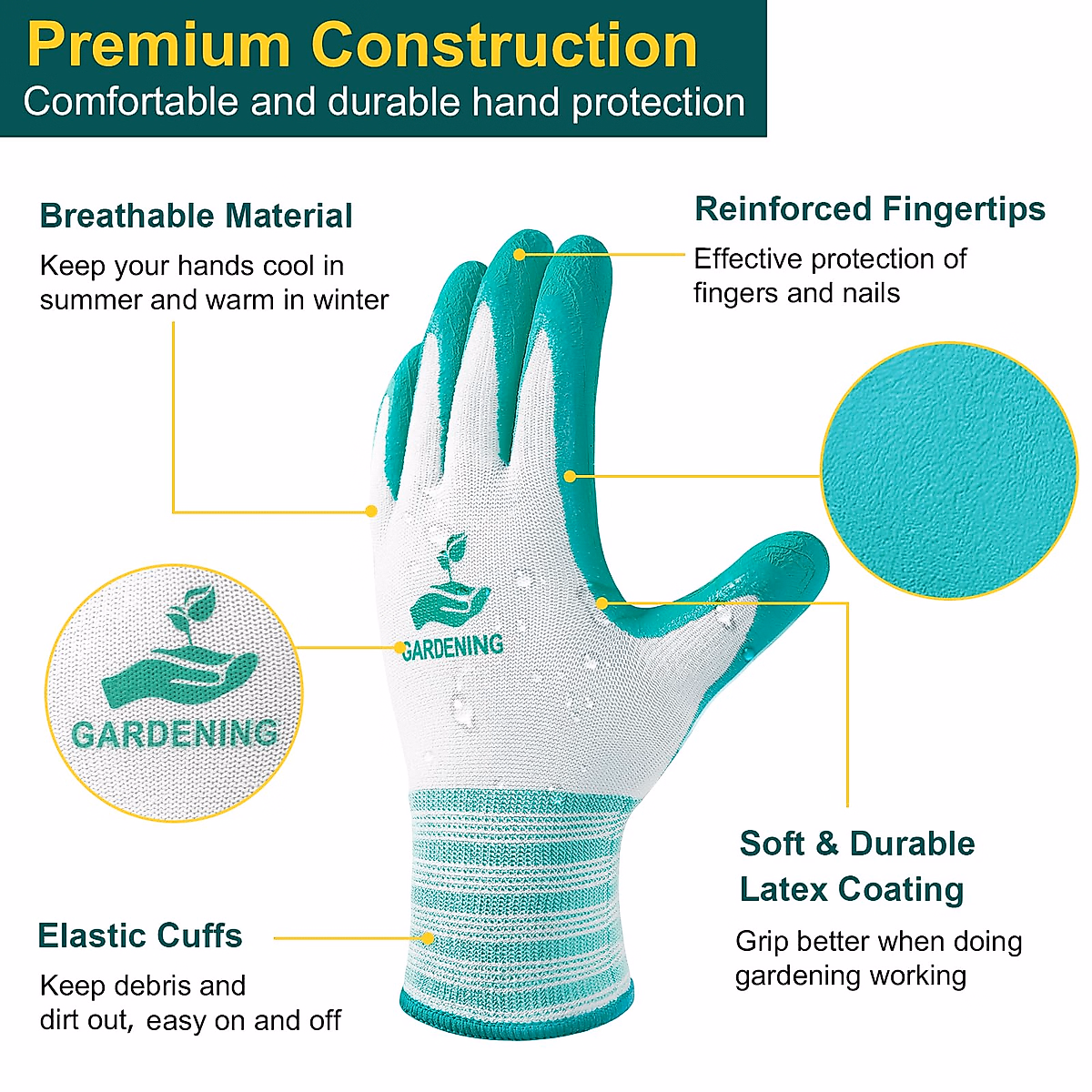 Trifabricy Gardening Gloves for Women/Men - 6 Pairs Breathable Natural Latex Garden Gloves with Grip, Outdoor Hard-wearing Protective Work Gloves for Lawn Yard, Medium, Green & Red