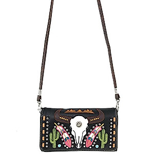 Justin West Native Longhorn Cow Skull Cactus Feather Color Conceal Carry Shoulder Handbag Purse | Trifold Wallet (Black Purse Wallet Set)
