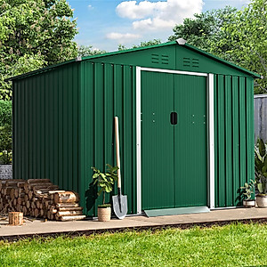 SOLAURA 8'x6' Outdoor Vented Storage Shed Garden Backyard Tool Steel Cabin (Green)