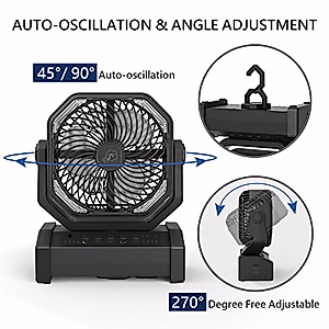 SALLOUS Camping Fan with LED Light, 20000mAh Rechargeable Battery Operated Table Fan, Auto-Oscillating Tent Fan with Remote & Hook, 4 Speed Portable Camping Fan for Travel Picnic Fishing, Black