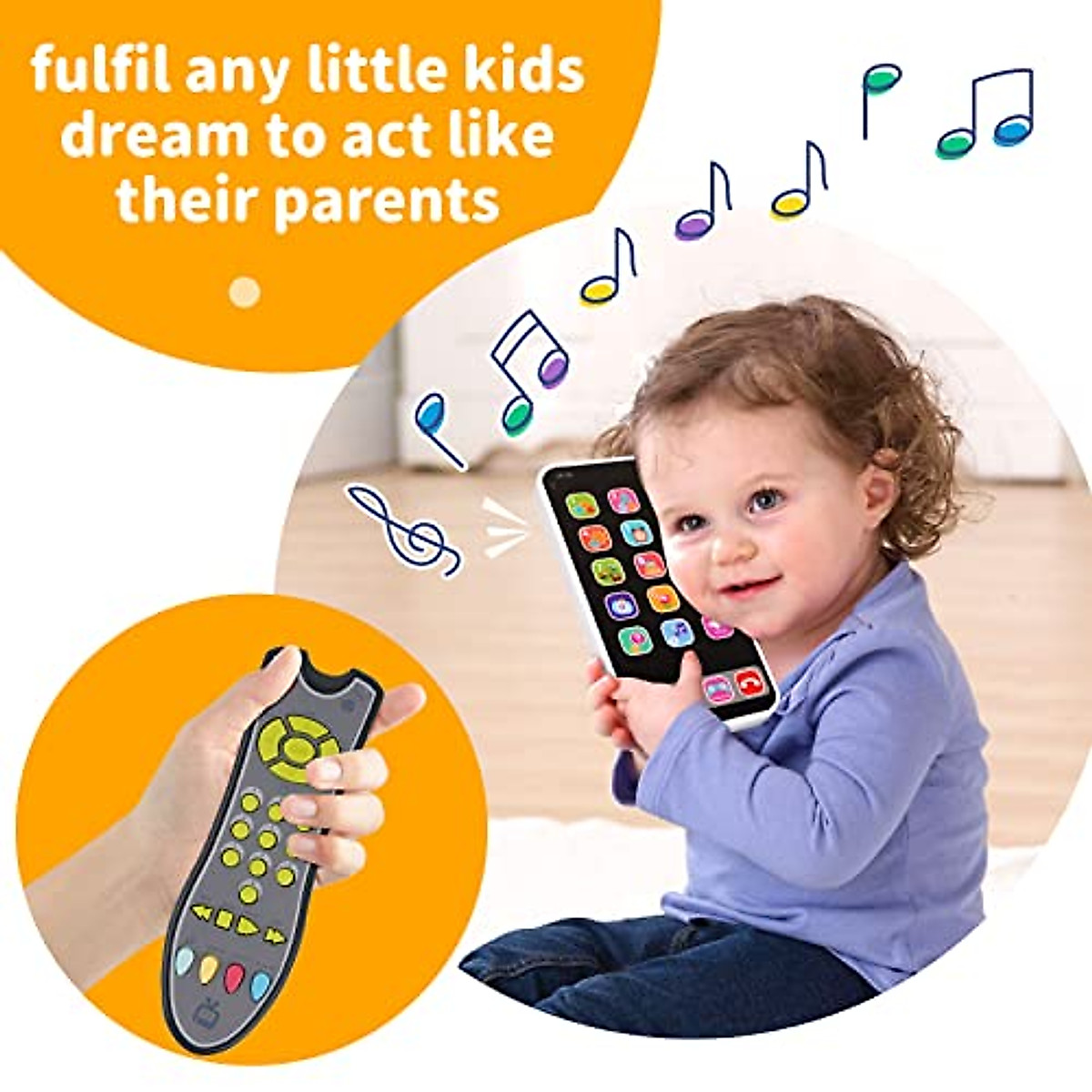 POYAMOC TV Remote Control Toy/Baby Phone Toy Playset/Musical Play with Light and Sound/for 6 Months+ Toddlers Boys or Girls Preschool Education/Three Language Modes: English, French and Spanish (2PCS)