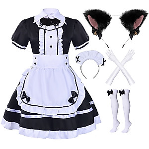 Japanese Anime Sissy Maid Dress Cosplay Sweet Classic Fancy Apron Socks Gloves Faux Fur Cat Furry Headwear Set(L)